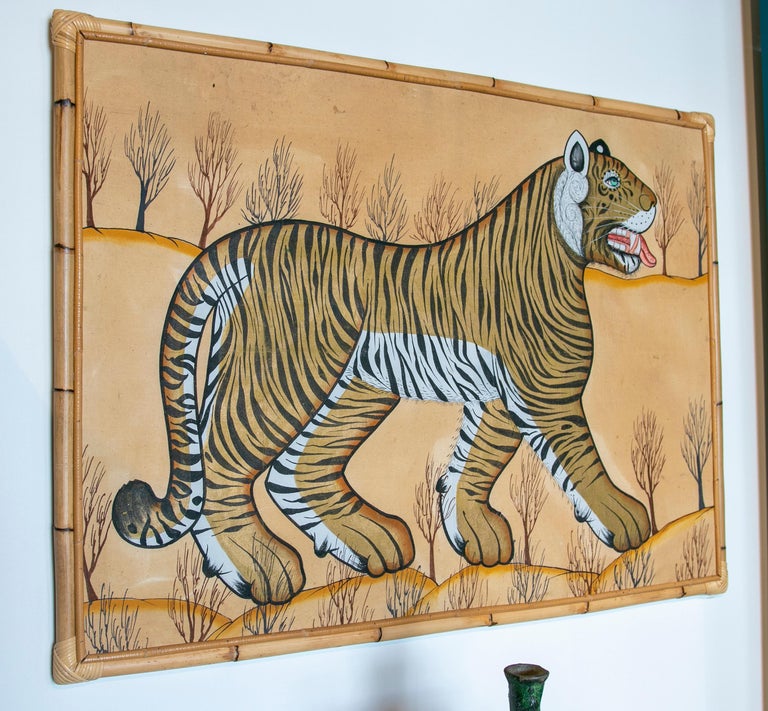 1980s Indian Hand Painted Tiger Painting with Bamboo Frame For Sale at ...