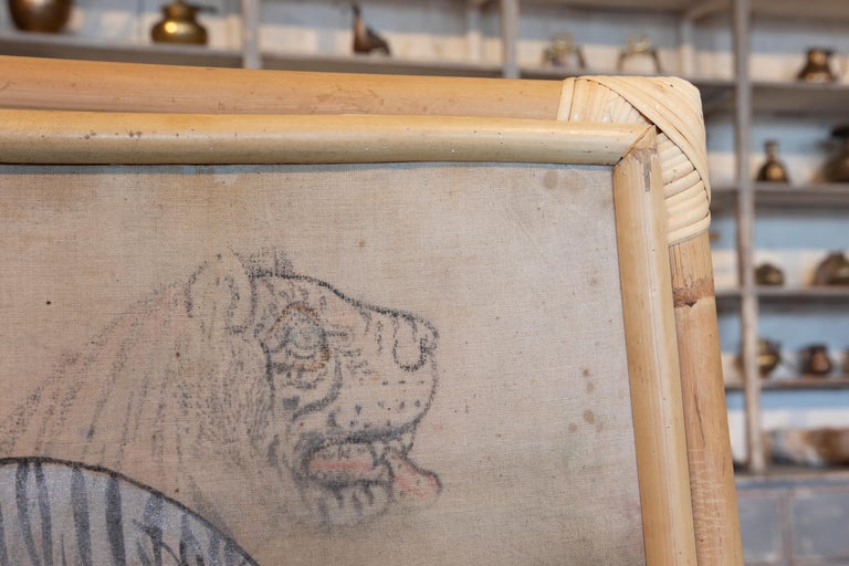 1980s Indian Hand Painted Tiger Painting with Bamboo Frame For Sale at ...