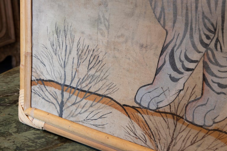 1980s Indian Hand Painted Tiger Painting with Bamboo Frame For Sale at ...