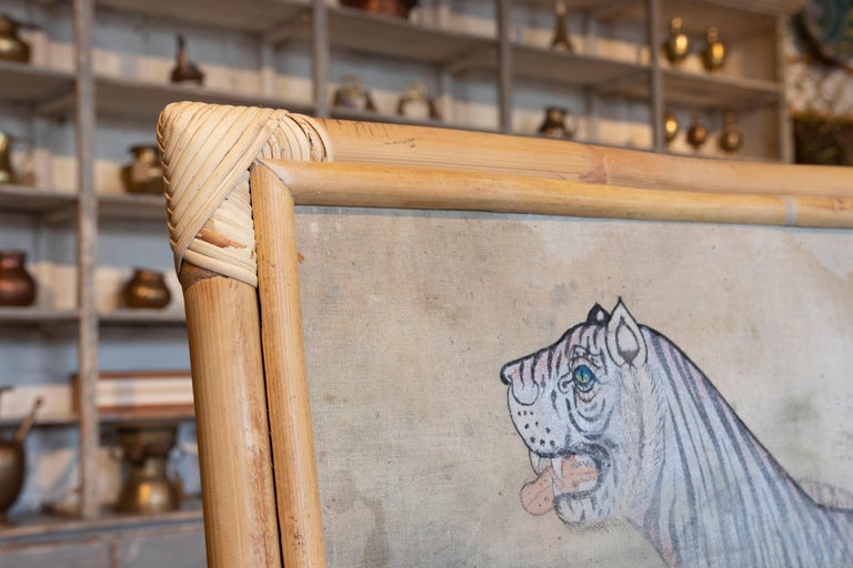 1980s Indian Hand Painted Tiger Painting with Bamboo Frame For Sale at ...