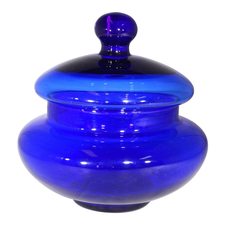 1980s Italian Royal Blue Murano Glass Short Small Jar with Lid For Sale ...