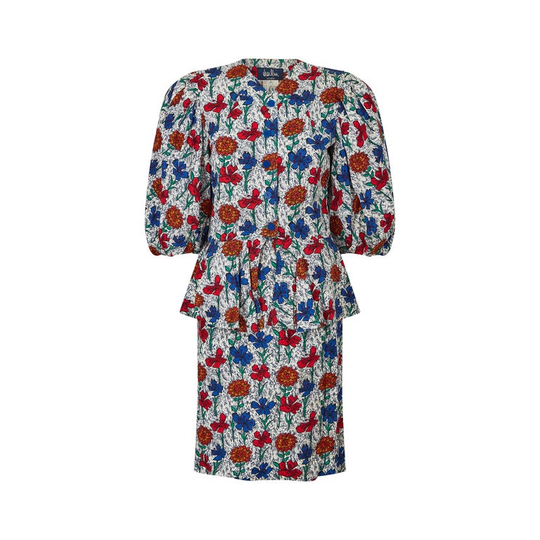 1980s Jean Muir Floral Cotton Peplum Skirt Suit For Sale at 1stDibs
