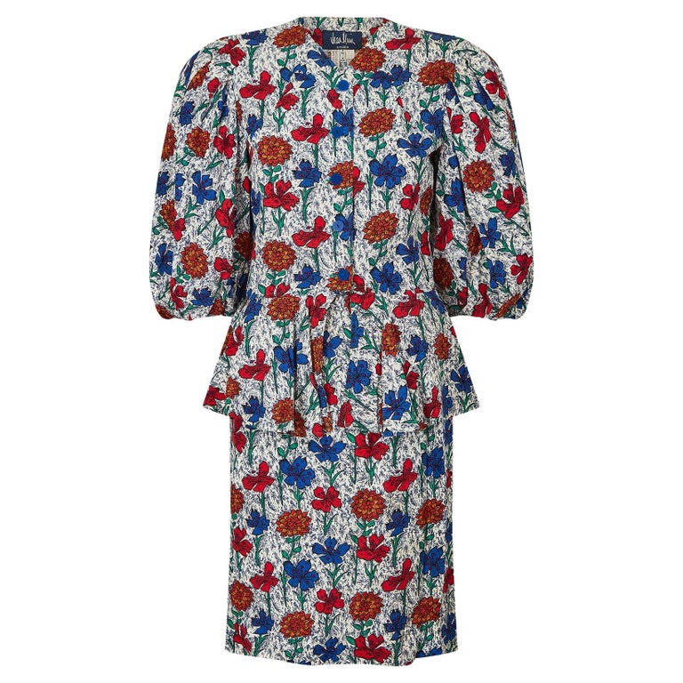1980s Jean Muir Floral Cotton Peplum Skirt Suit For Sale at 1stDibs