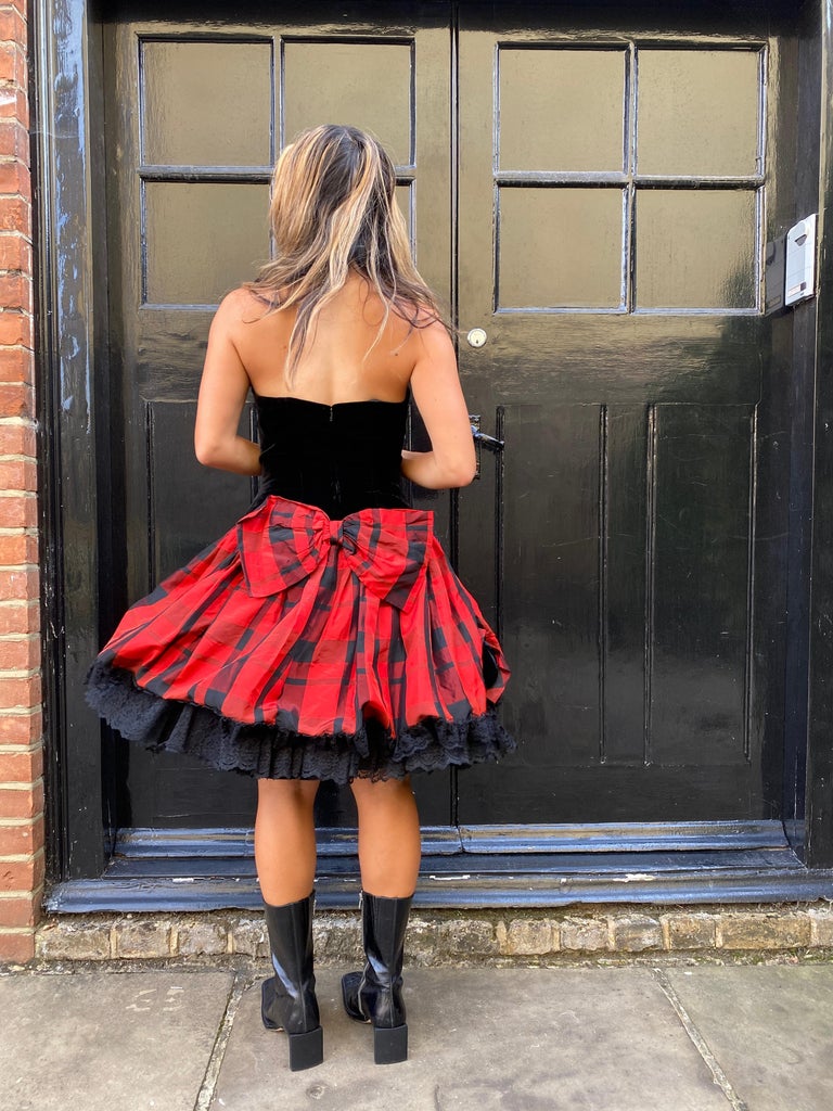 1980s John Charles Black Velvet and Tartan Dress For Sale at 1stDibs