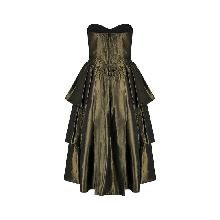 1980s Katerina Strapless Olive Green Taffeta Dress For Sale at 1stDibs