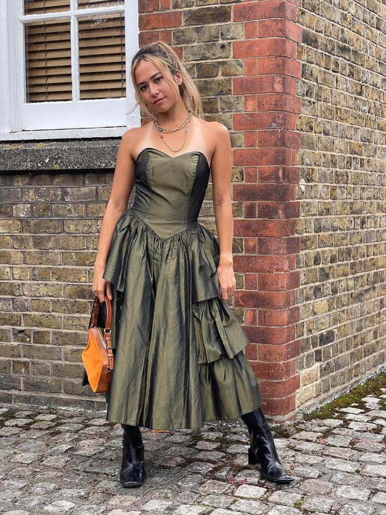 1980s Katerina Strapless Olive Green Taffeta Dress For Sale at 1stDibs