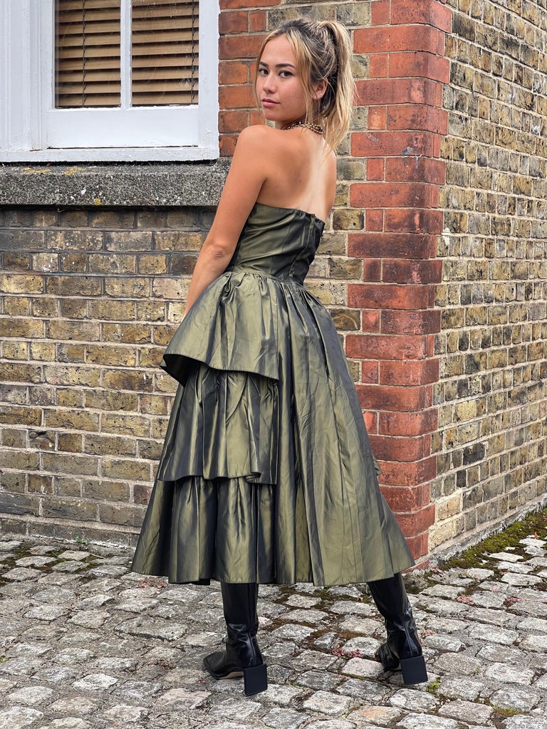 1980s Katerina Strapless Olive Green Taffeta Dress For Sale at 1stDibs
