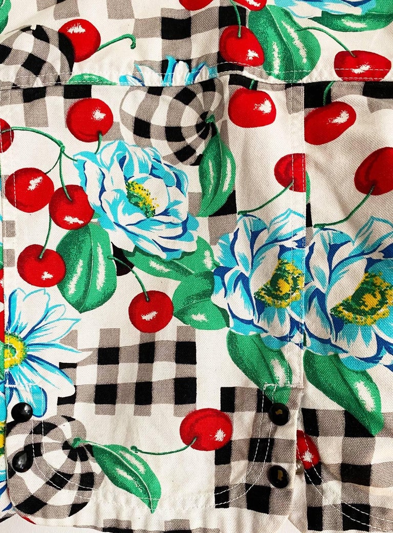 1980s Kenzo Checkered Cherry Floral Cropped Denim Jacket For Sale at ...