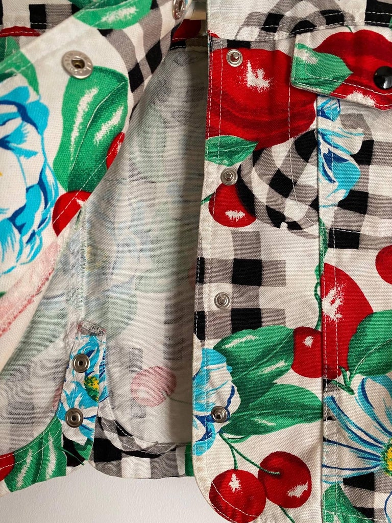 1980s Kenzo Checkered Cherry Floral Cropped Denim Jacket For Sale at ...