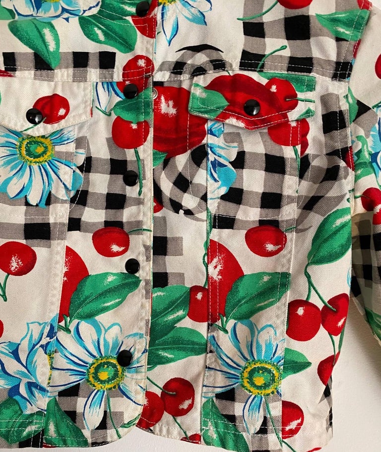 1980s Kenzo Checkered Cherry Floral Cropped Denim Jacket For Sale at ...