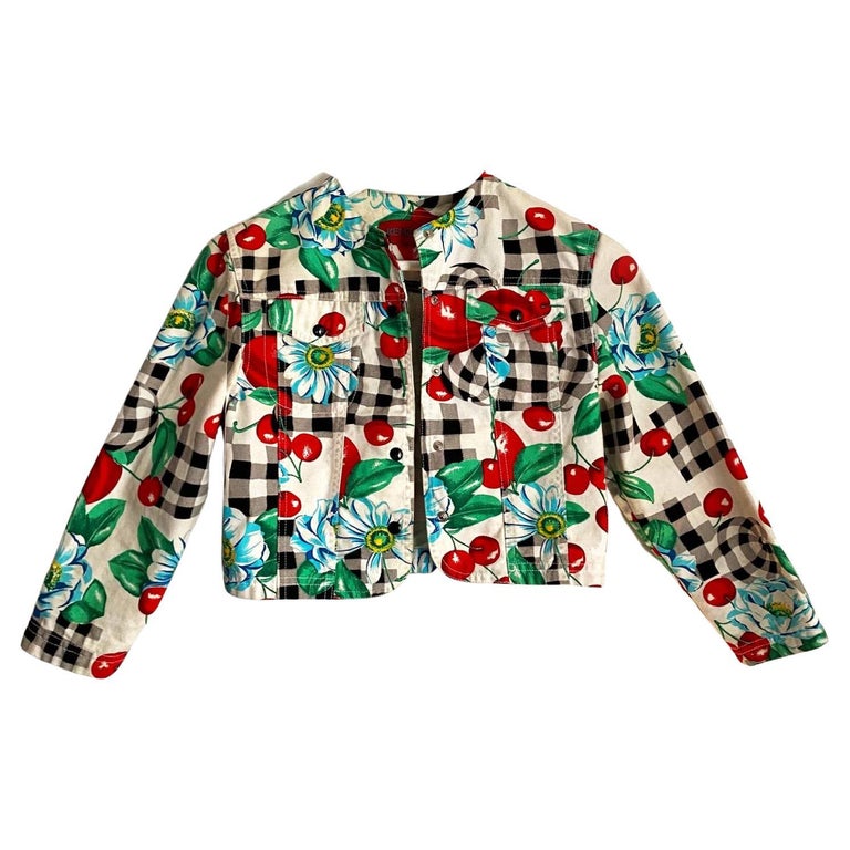 1980s Kenzo Checkered Cherry Floral Cropped Denim Jacket For Sale at ...