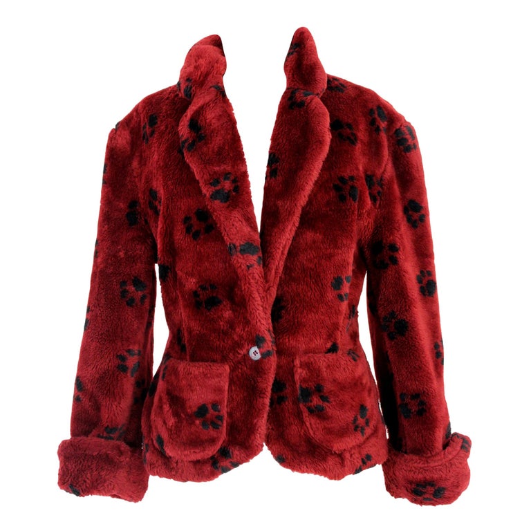 1980s Krizia Red Faux Fur Animalier Animal Footprints Short Coat Jacket ...