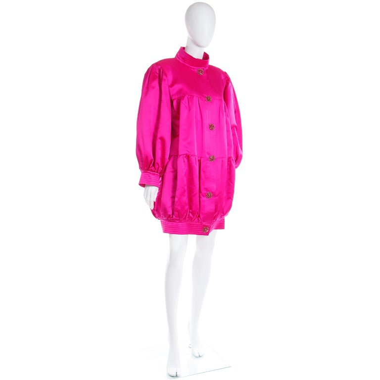1980s Nina Ricci Hot Pink Silk Satin Oversized Coat or Dress W Crystal ...