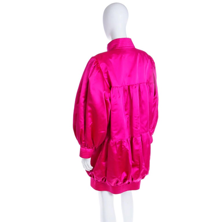 1980s Nina Ricci Hot Pink Silk Satin Oversized Coat or Dress W Crystal ...