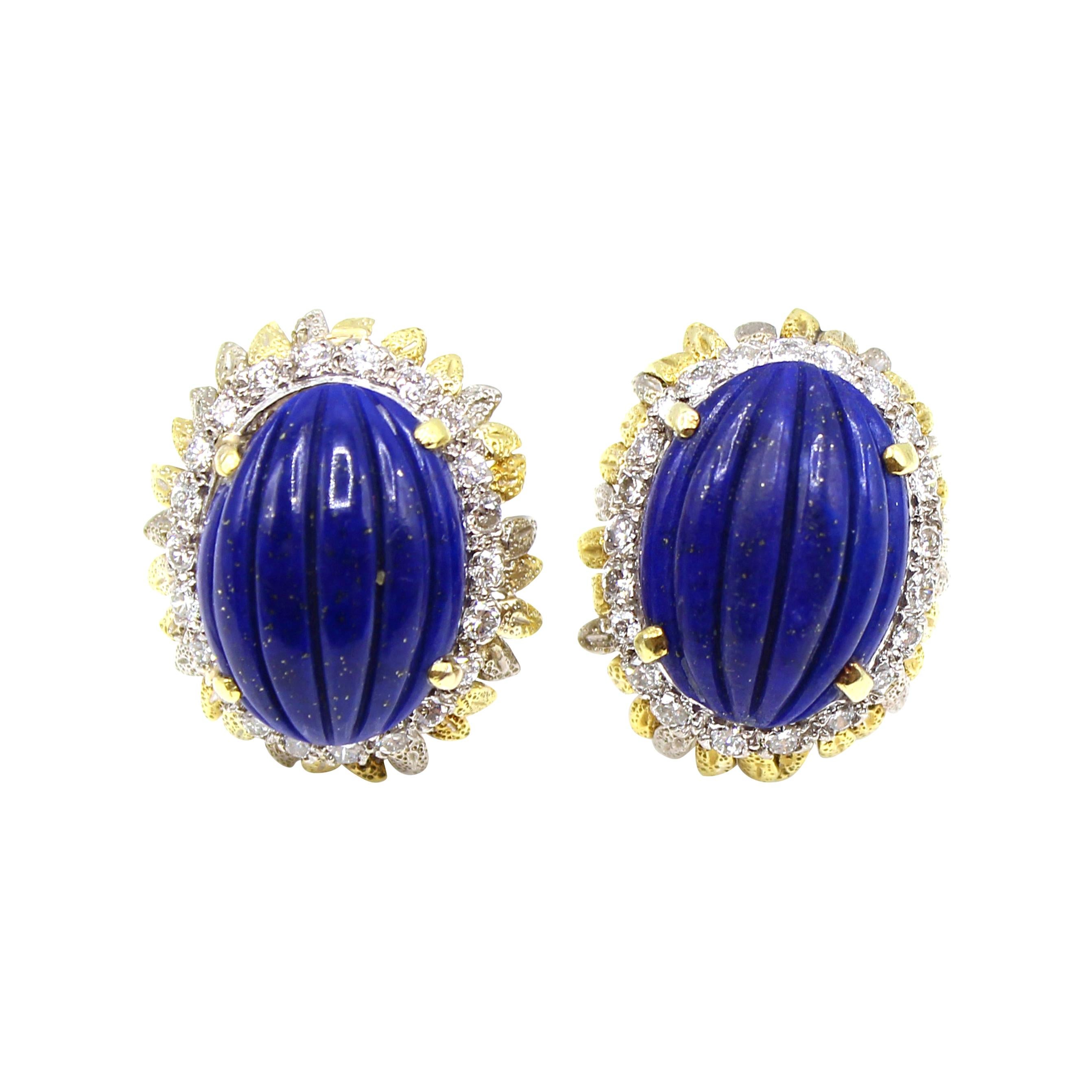 Royal Blue Lapis Lazuli and Diamond Earrings with Natural Gold Veins ...