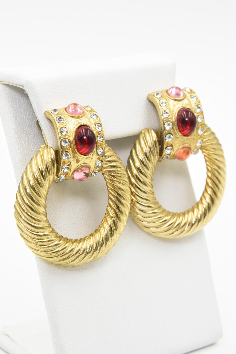 1980s Large Gold Plated Red Pink Clear Rhinestone Door Knocker Clip On ...