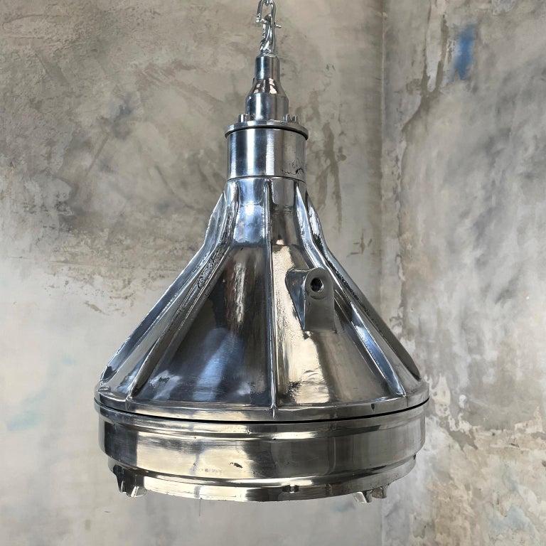 1980's Large Industrial Cast Aluminum and Glass Ceiling light Pendant ...