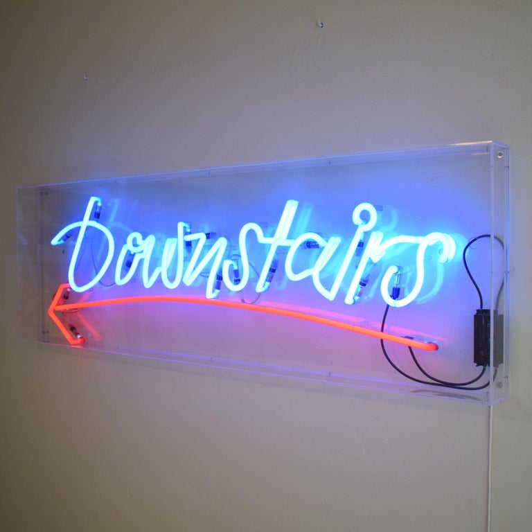 Large Mid Century Neon Sign Red / Blue "Downstairs" in a Acrylic ...