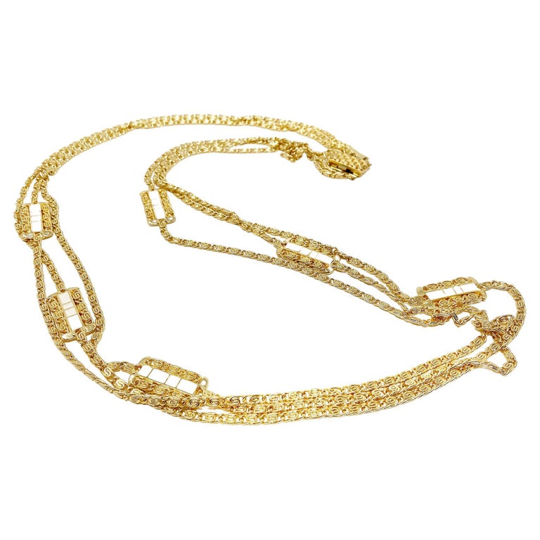 1980’s Long Balenciaga Double Chain Gold Tone and ivory Enamel Necklace ...