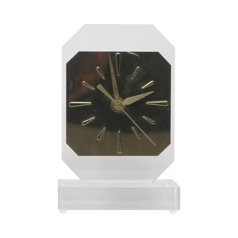 1980s Lucite and Brass Table Clock For Sale at 1stDibs
