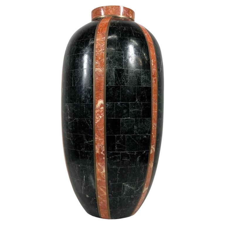 1980s Maitland Smith Modern Tessellated Stone Vase Black and Tan Brass ...
