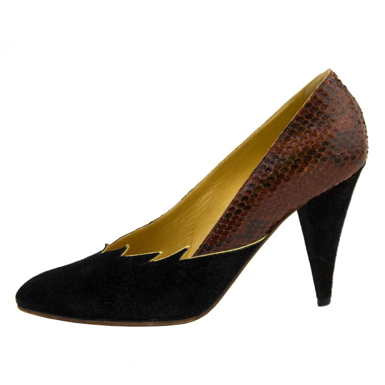 1980s Maud Frizon Black Suede and Exotic Skin Pumps at 1stDibs