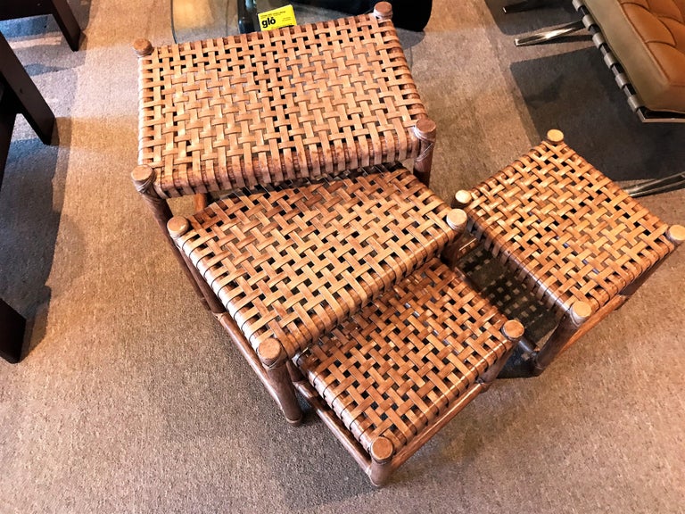 1980s McGuire Modern Rattan and Laced Leather Nesting Tables or Stools ...