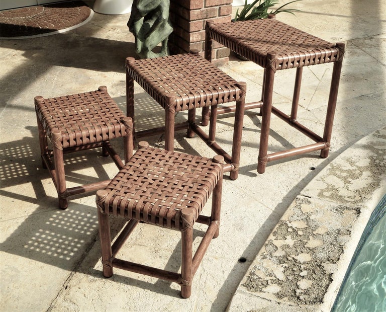 1980s McGuire Modern Rattan and Laced Leather Nesting Tables or Stools ...