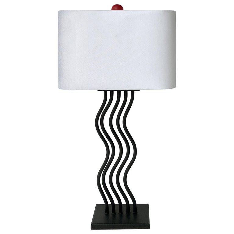 1980s Memphis Style Wrought Iron Table Lamp with Shade For Sale at 1stDibs