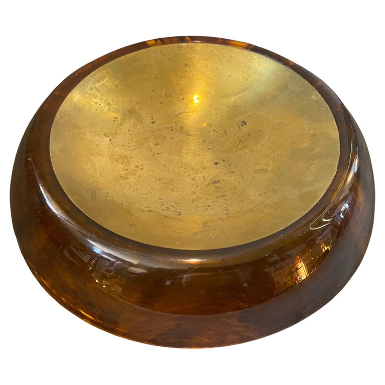 1980s Mid-Century Modern Fake Tortoise Lucite and Brass Italian Ashtray ...