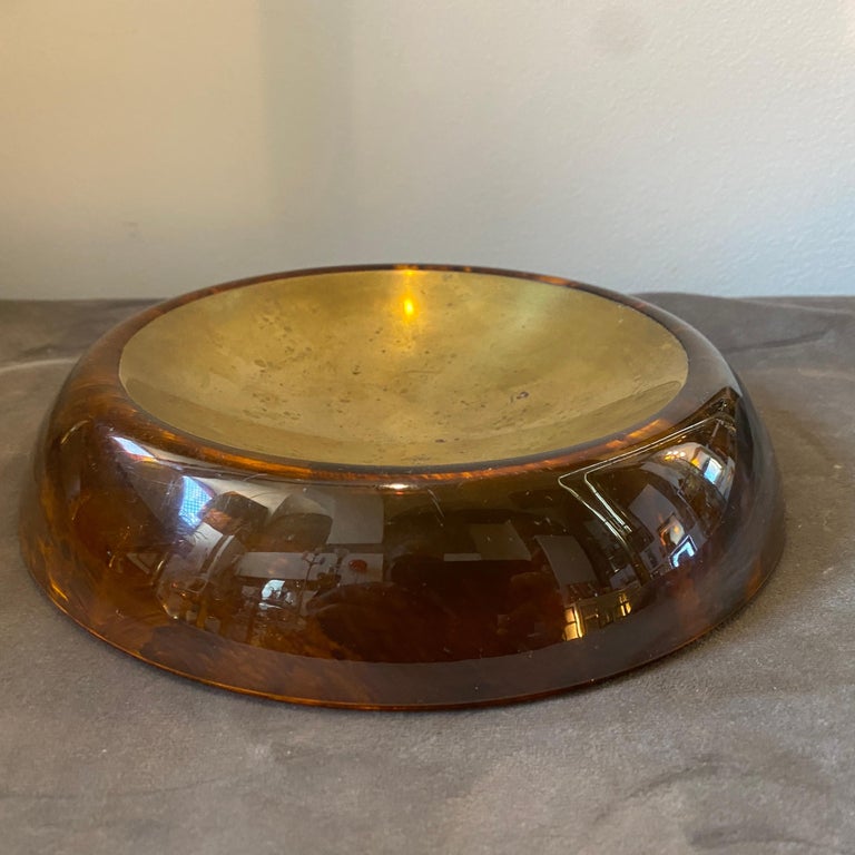 1980s Mid-Century Modern Fake Tortoise Lucite and Brass Italian Ashtray ...