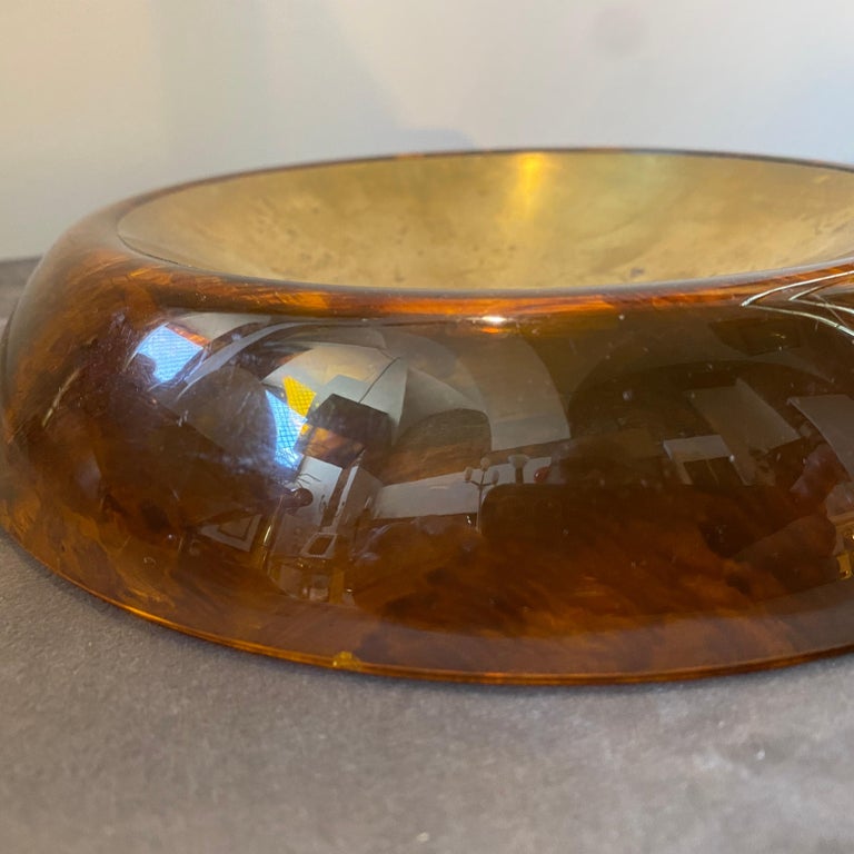 1980s Mid-Century Modern Fake Tortoise Lucite and Brass Italian Ashtray ...