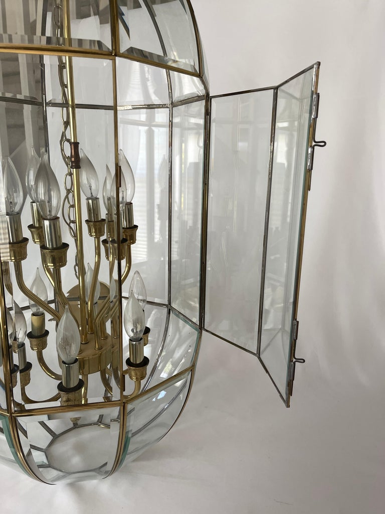 1980's Monumental Brass Bound Beveled Glass Panel Lantern Chandelier at ...