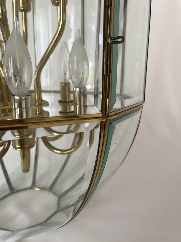 1980's Monumental Brass Bound Beveled Glass Panel Lantern Chandelier at ...