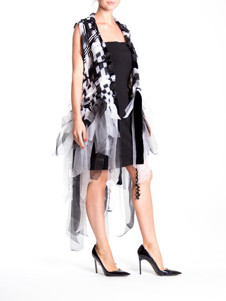 MORPHEW COLLECTION Black and White Hand Woven Ribbon Vest With Fringe ...