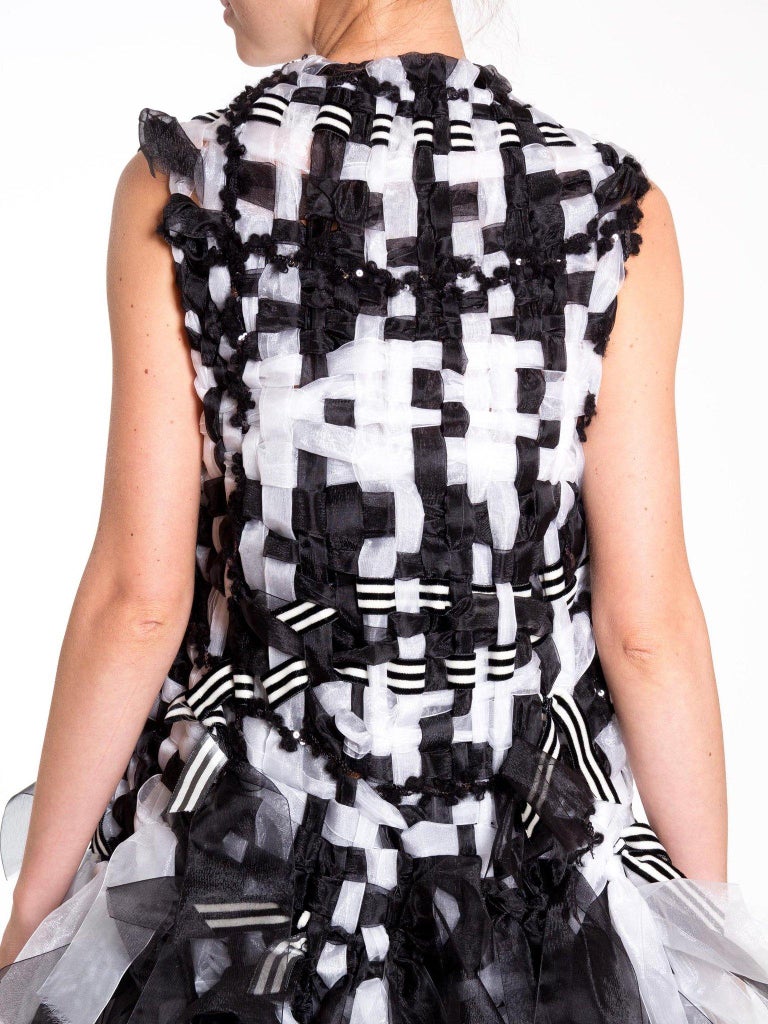 MORPHEW COLLECTION Black and White Hand Woven Ribbon Vest With Fringe ...