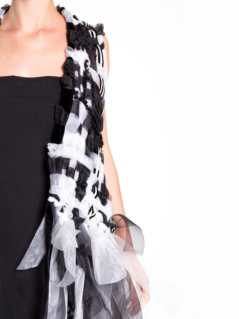 MORPHEW COLLECTION Black and White Hand Woven Ribbon Vest With Fringe ...