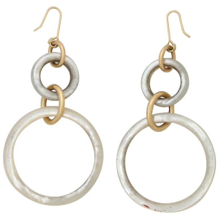 1980s Mother-of-Pearl and Gold Hoop Dangle Earrings with Shepard Hooks ...