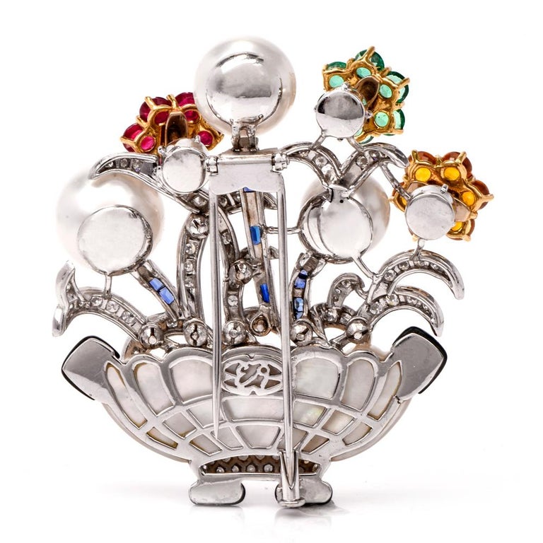 1980s Multi-Gem Gold Flower Basket Lapel Brooch Pin For Sale at 1stDibs