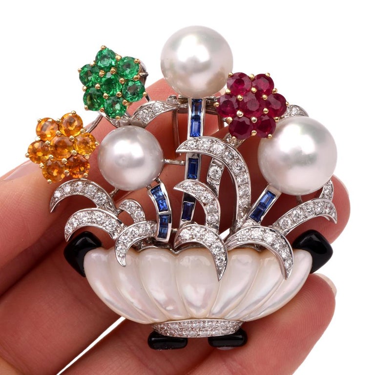 1980s Multi-Gem Gold Flower Basket Lapel Brooch Pin For Sale at 1stDibs