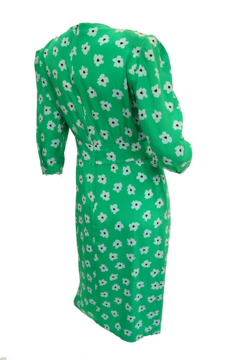 1980s Nina Ricci Green Floral Silk Dress at 1stDibs