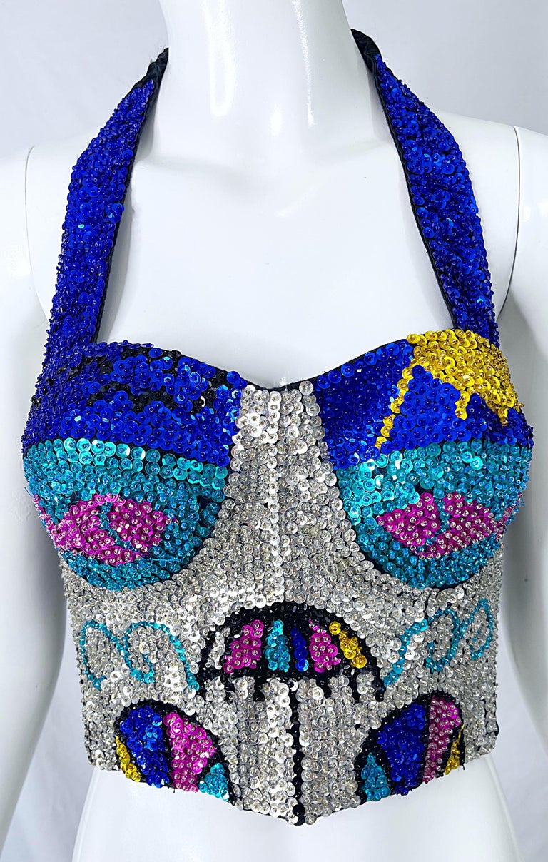 1980s Novelty Sequin Beaded Beach Themed Vintage 80s Halter Bustier ...