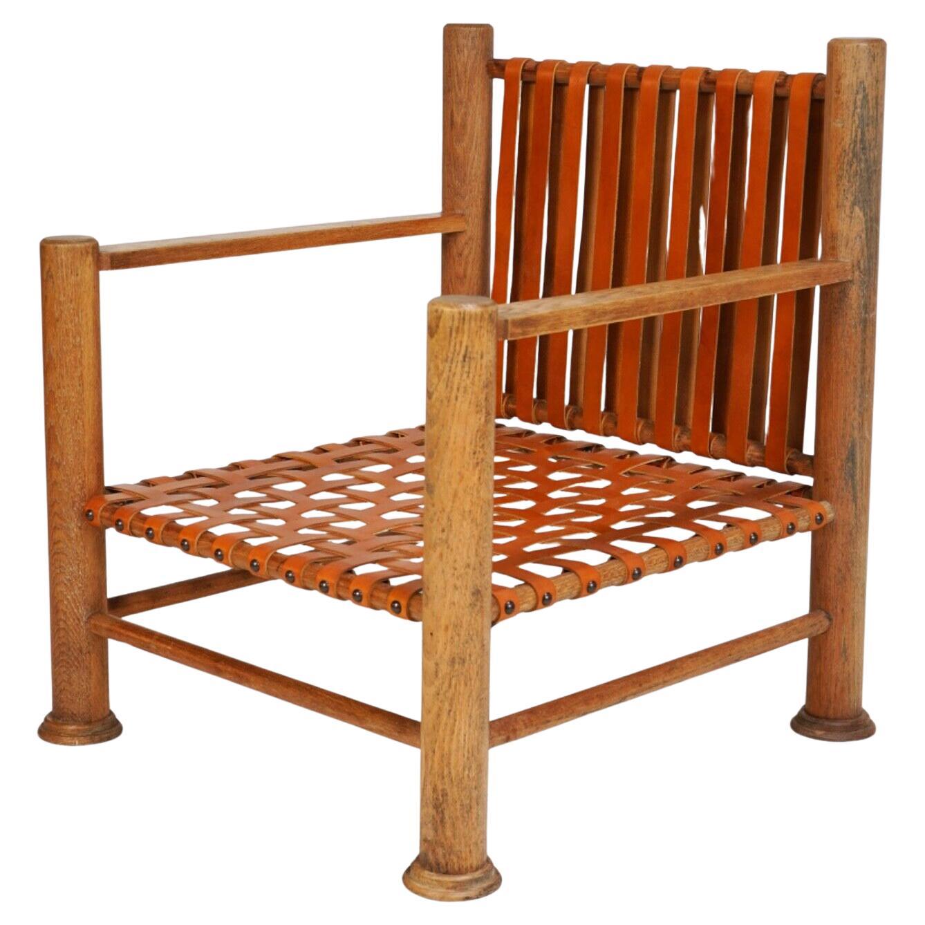 1980s Oak And Leather Open Arm Chair For Sale at 1stDibs