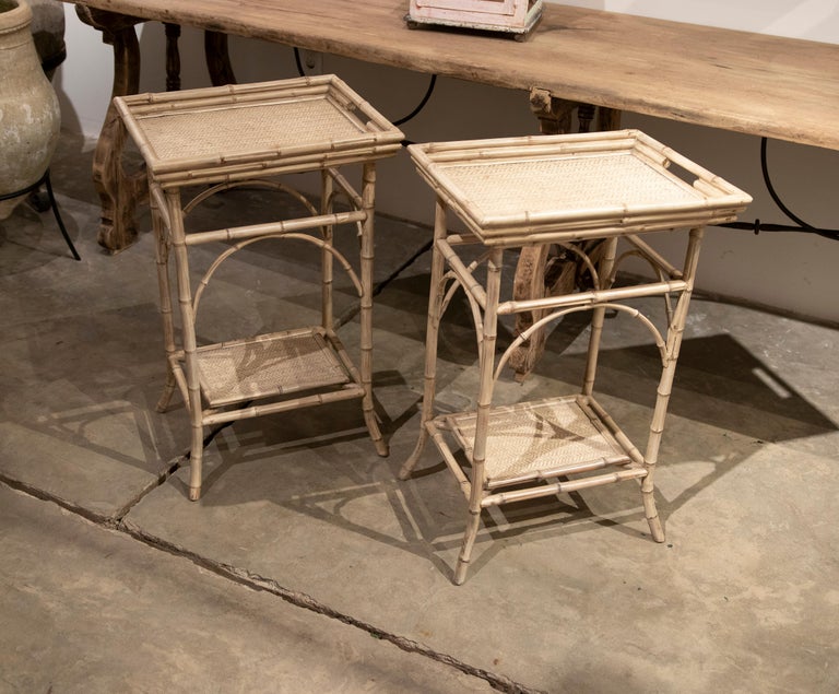 1980s Pair of Bamboo and Wicker Tables with Removable Tray at 1stDibs