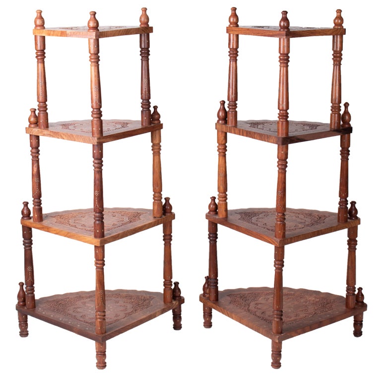 1980s Pair of Carved Step Shelves with Brass Inlays For Sale at 1stDibs