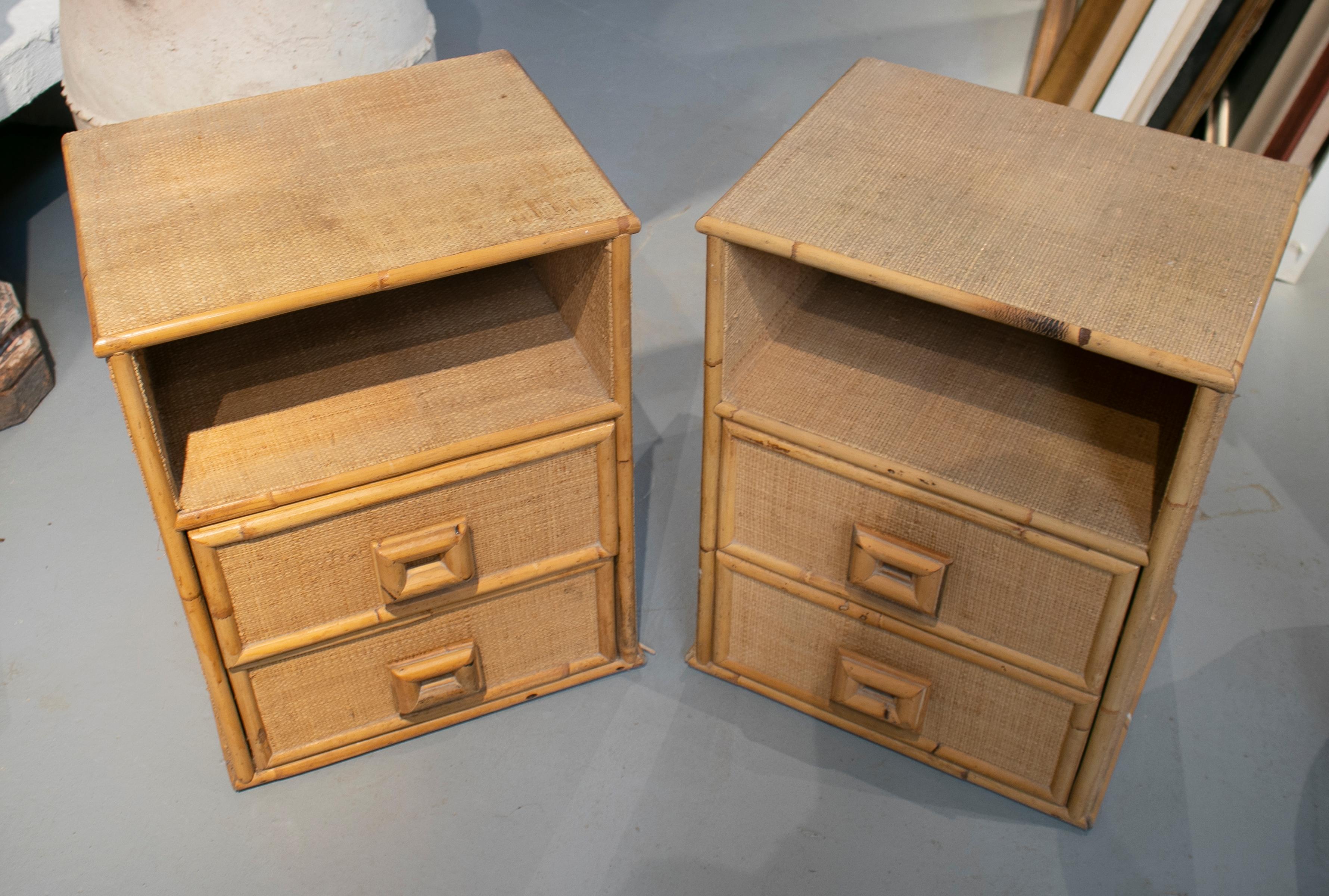 1980s Pair of Spanish Bamboo and Wicker Bedside Tables For Sale at ...