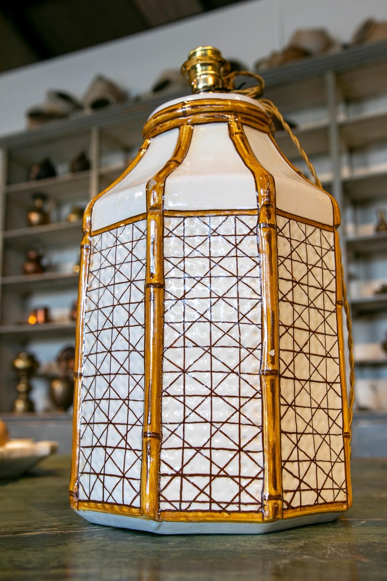 1980s Pair of Spanish Ceramic Lamps with Bamboo Decor Hand Painted For ...
