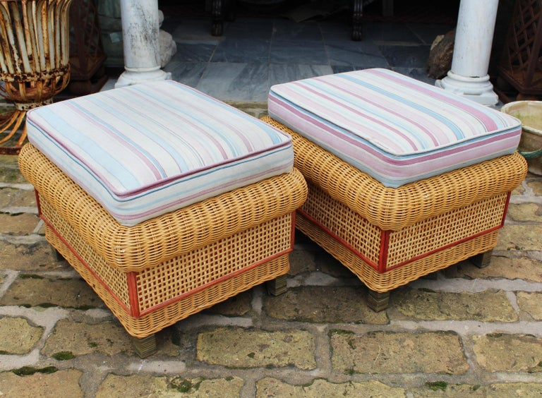 1980s Pair of Spanish Handcrafted Rattan and Wicker Puffs at 1stDibs