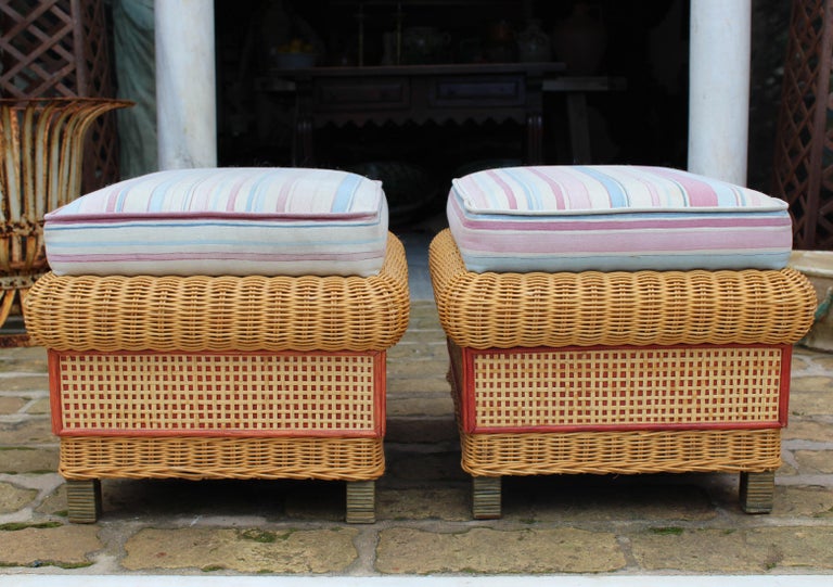 1980s Pair of Spanish Handcrafted Rattan and Wicker Puffs at 1stDibs