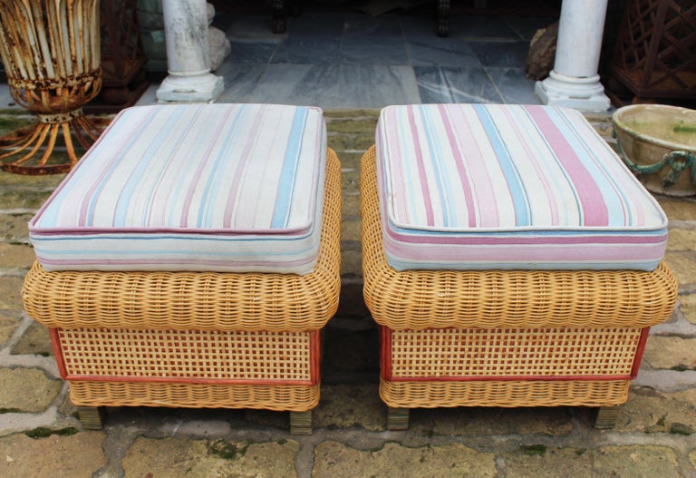 1980s Pair of Spanish Handcrafted Rattan and Wicker Puffs at 1stDibs